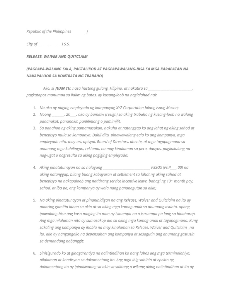 Sample Release, Waiver, and Quitclaim in Filipino | PDF