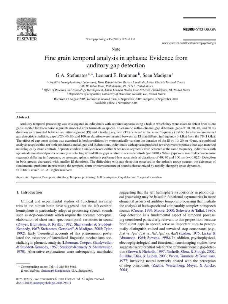 Fine Grain Temporal Analysis in Aphasia: Evidence From Auditory Gap Detection | PDF | Aphasia ...