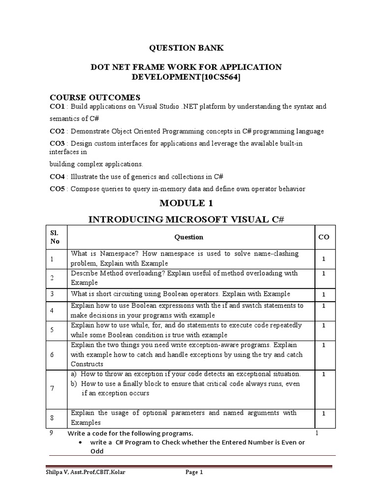 Introducing Microsoft Visual C#: Question Bank Dot Net Frame Work For Application DEVELOPMENT ...