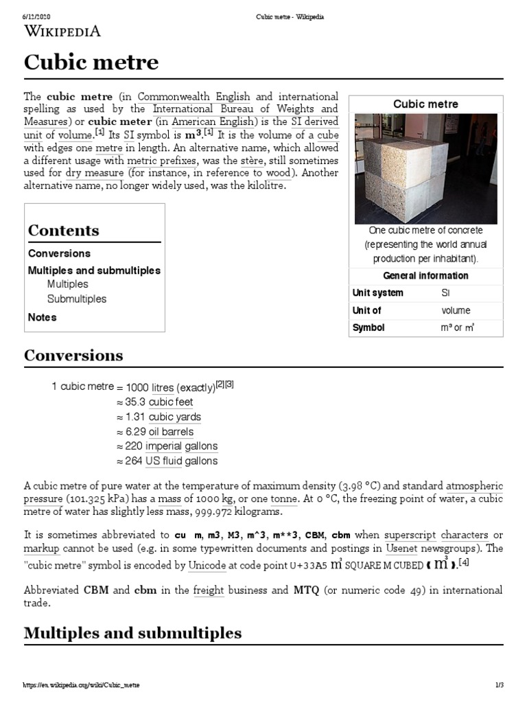 Cubic Metre: Conversions Multiples and Submultiples | PDF | Litre ...