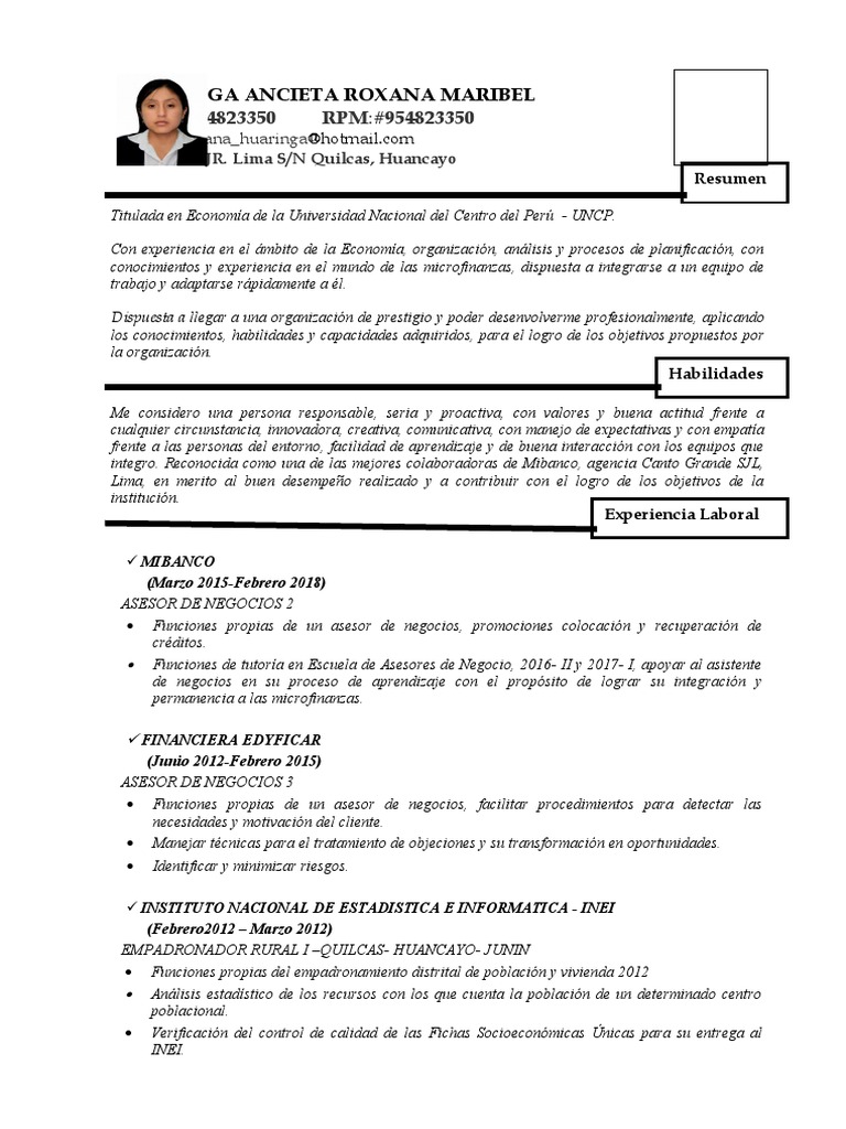 CV Roxana Maribel Huaringa Ancieta | PDF | Presupuesto | Planificación