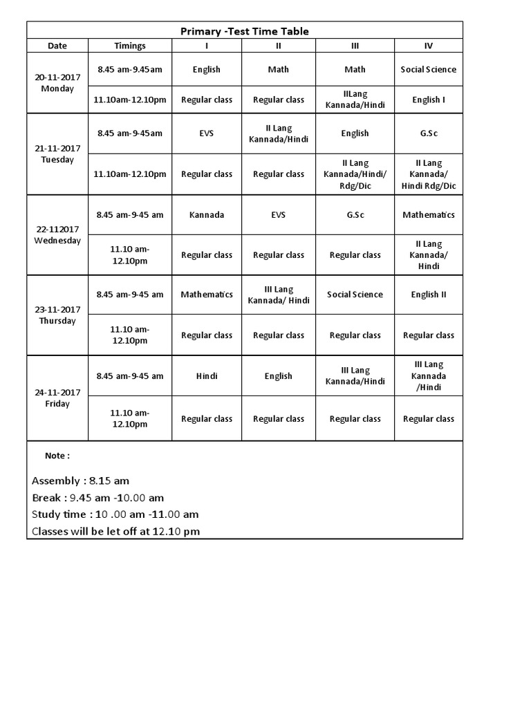 Primary - Test Time Table: Date Timings I II III IV | PDF | Teaching ...