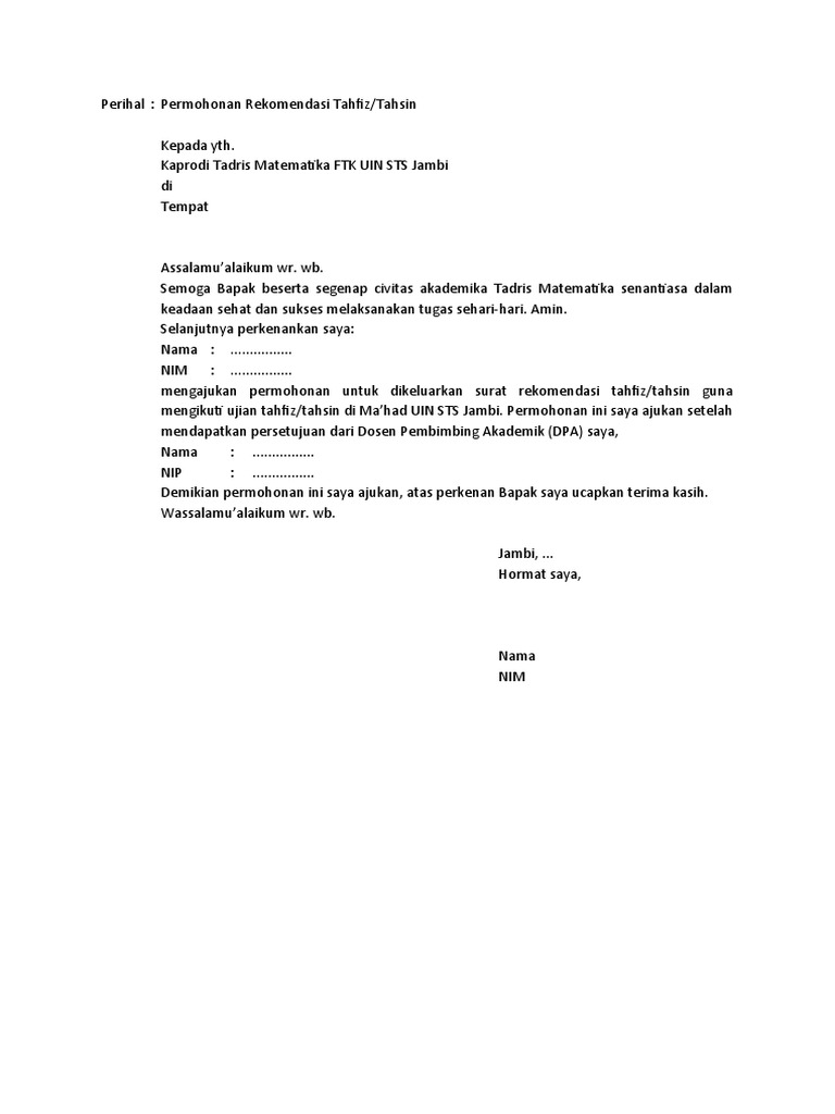 Permohonan Rekomendasi Tahfiz | PDF