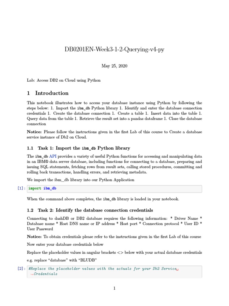 Db0201en Week3 1 2 Querying V4 Py 11 Task 1 Import The Ibm Db Python Library Pdf