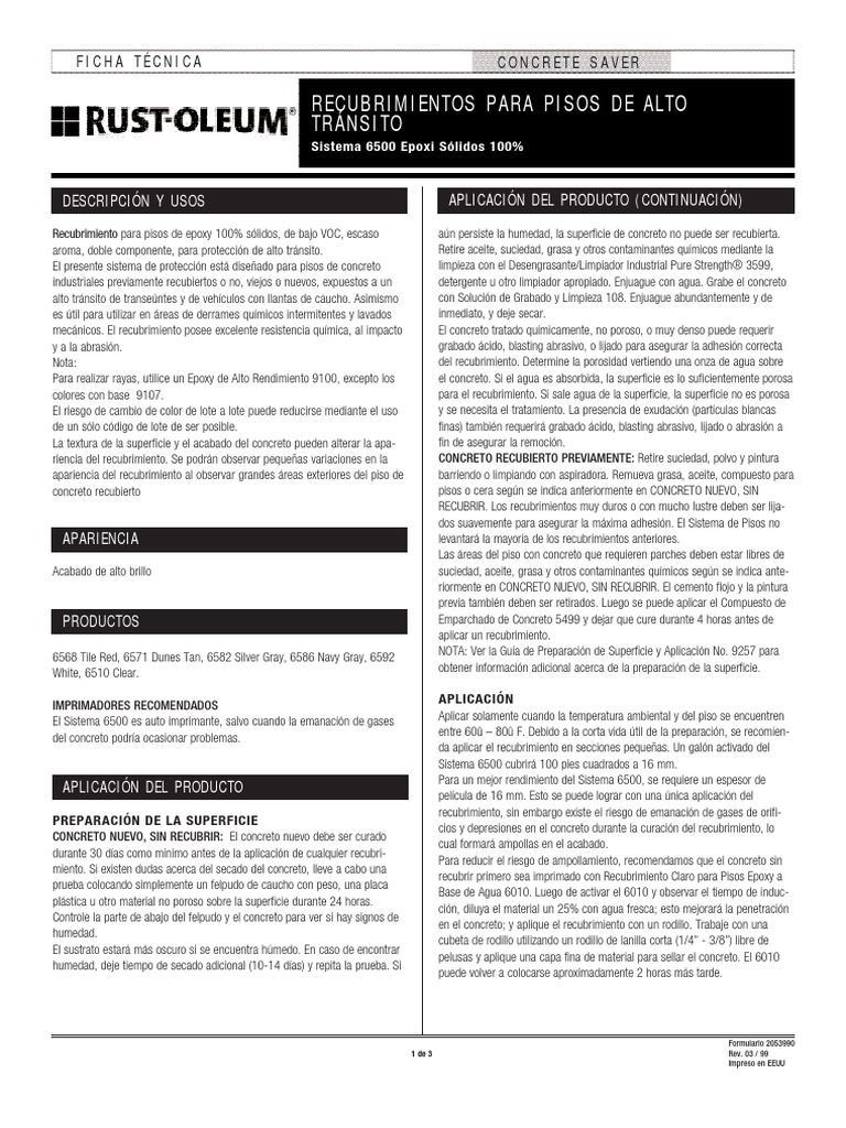 Rust Oleum - Ficha Técnica - Sistema 6500 | PDF | Revestimiento | Epoxy