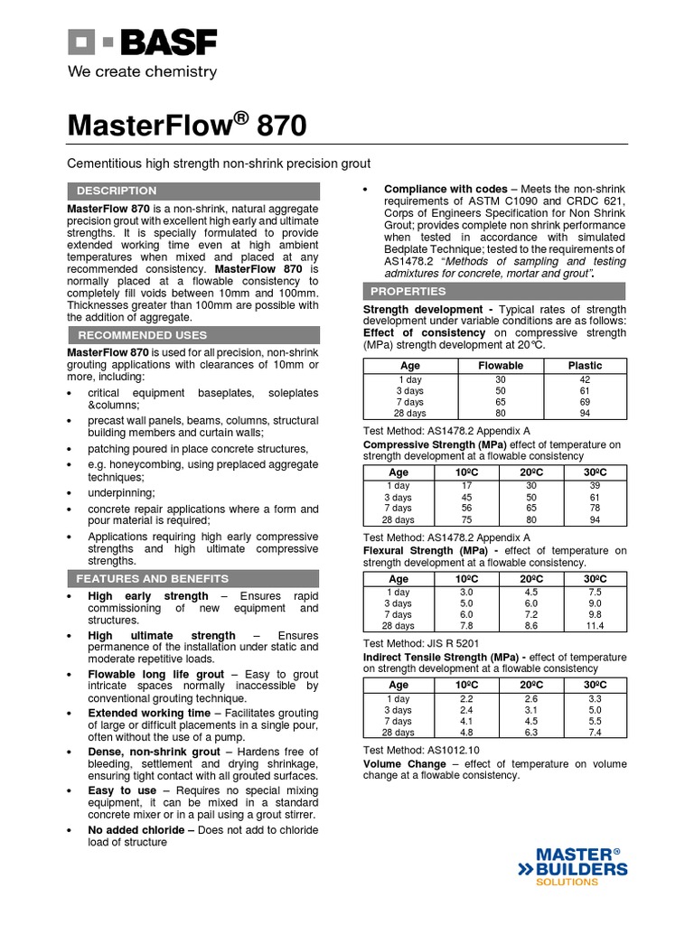 Technical Data Sheet Masterflow 870 PDF | PDF | Strength Of Materials | Concrete