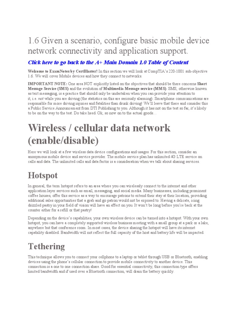 1 6 Given A Scenario Configure Basic Mobile Device Network Connectivity And Application Support