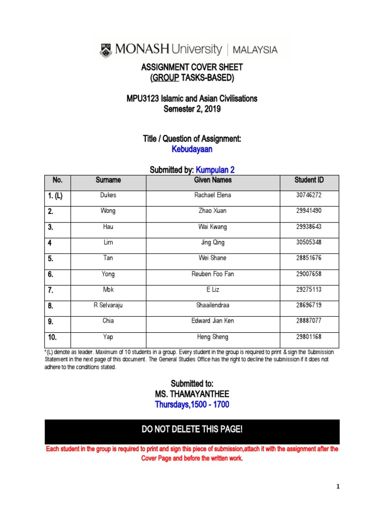 MPU3123 Group Assignment Cover Sheet | PDF | Academic Integrity