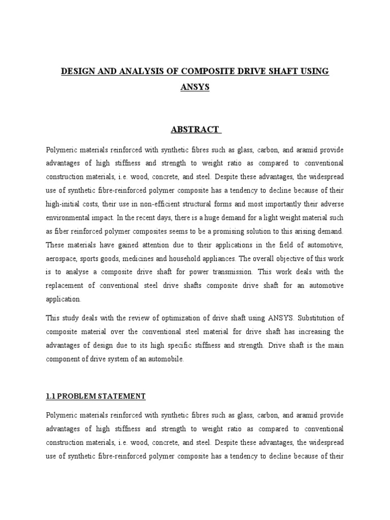 Abstract DESIGN AND ANALYSIS OF COMPOSITE DRIVE SHAFT USING ANSYS | PDF | Composite Material ...