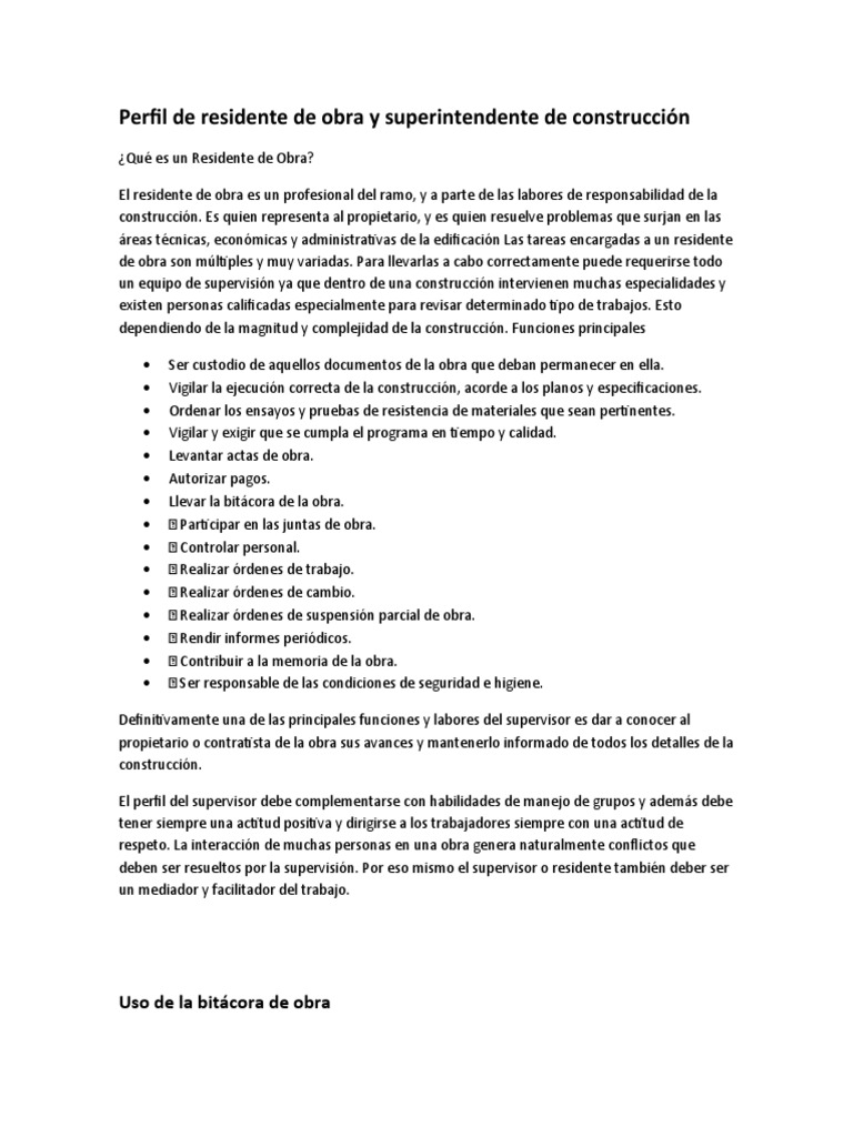 Perfil De Residente De Obra Y Superintendente De Construcción Pdf