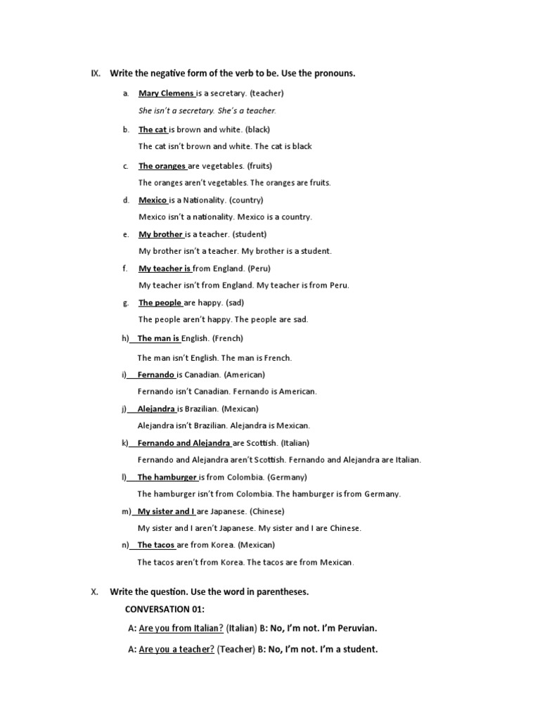 Write The Negative Form of The Verb To Be | PDF