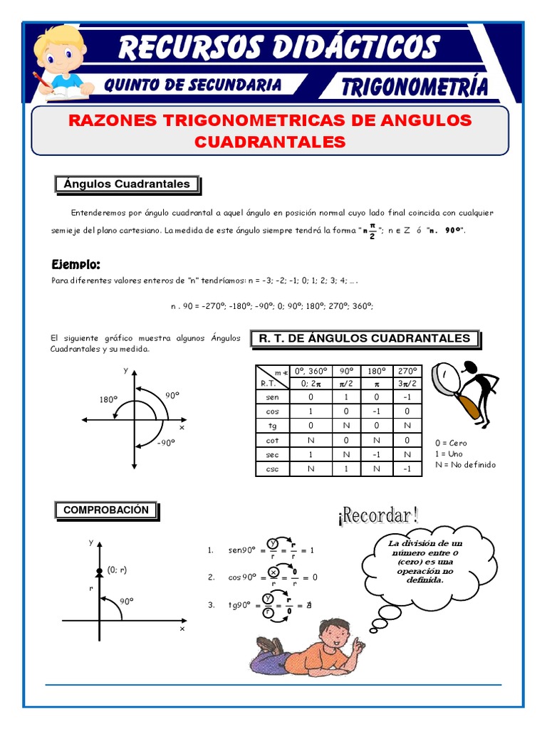 Razones Trigonométricas de Ángulos Cuadrantales para Quinto de Secundaria PDF | PDF | Funciones ...