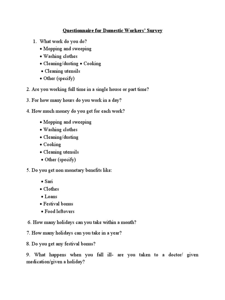 Questionnaire For Domestic Workers | PDF | Welfare | Employment