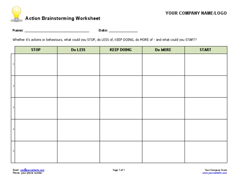 Action Brainstorming Worksheet: Stop Do Less Keep Doing Do More Start | PDF
