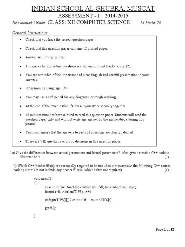 Indian School Al Ghobra Assessment I C++ Program Output | PDF ...
