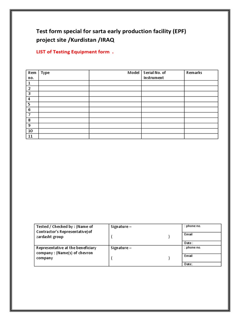 Test Form Special For Sarta Early Production Facility (EPF) Project ...