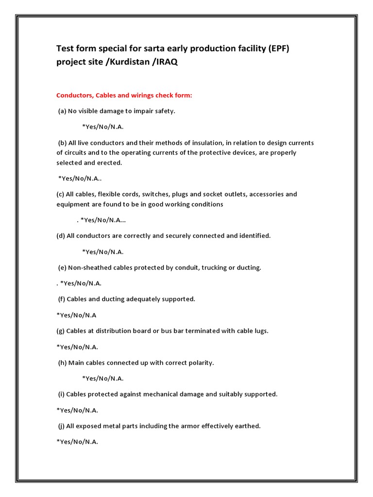Conductors, Cables and Wirings Check Form | PDF