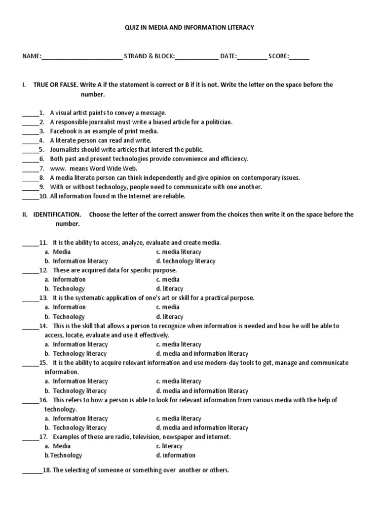 Media and Information Literacy Quiz | PDF | Information Literacy | Mass ...