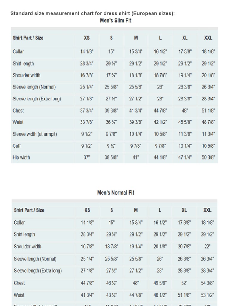 Standard Size Measurement Chart For Dress Shirt | PDF