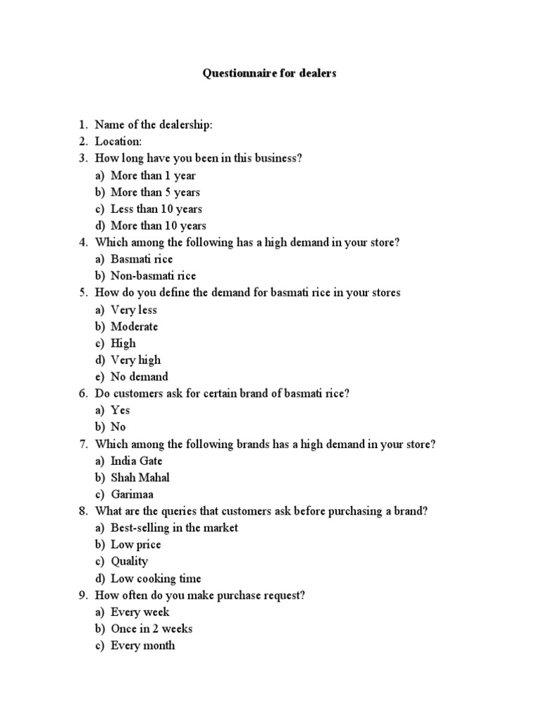 Questionnaire For Dealers | PDF | Retail | Demand