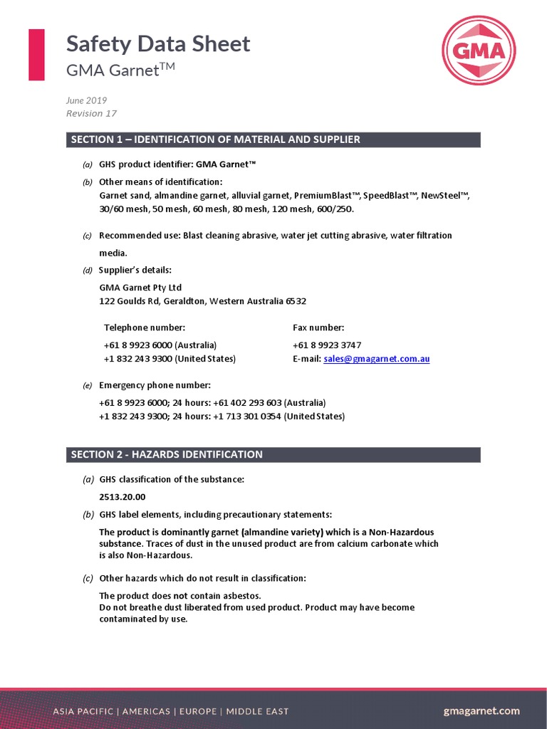 AU - GMA Garnet SDS - Rev 17 - May 2019 - Final PDF | PDF | Dangerous ...