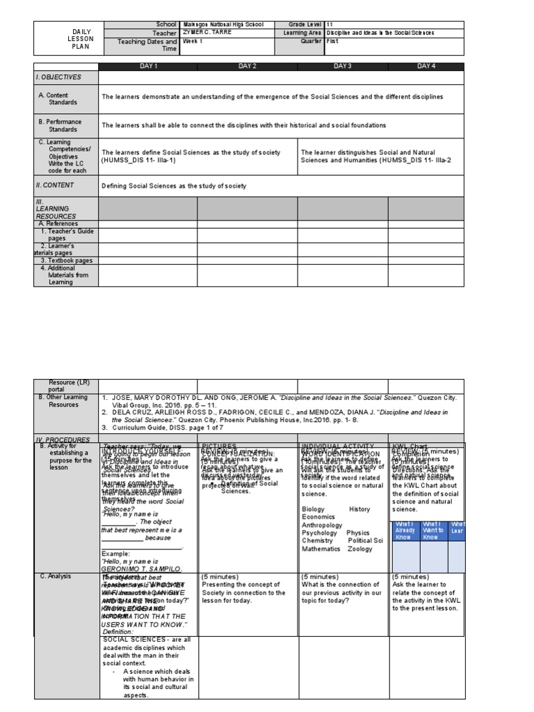 Day 1 Day 2 Day 3 Day 4: Daily Lesson Plan School Teacher Teaching ...