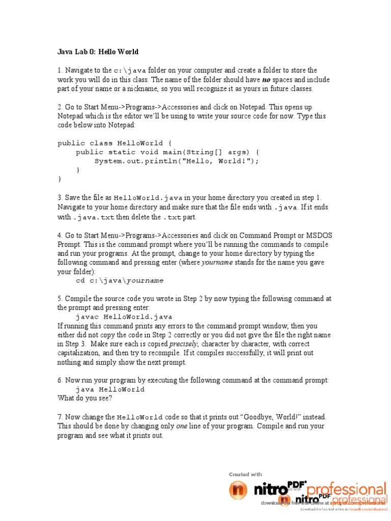 Java Lab 0: Hello World | PDF | Method (Computer Programming) | Class (Computer Programming)