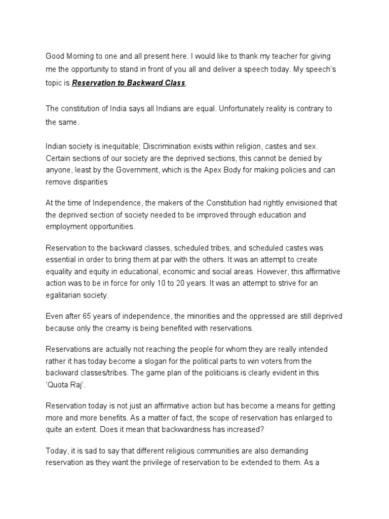 Speech On Reservation | PDF | Social Status | Hierarchy