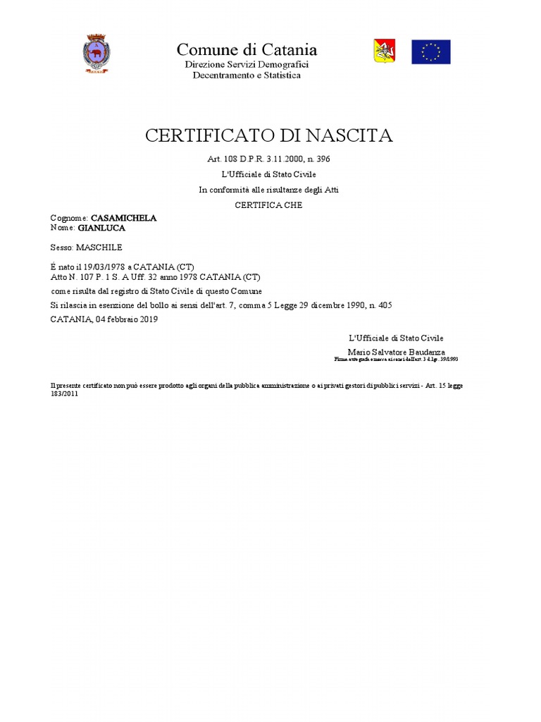 Certificato Di Nascita | PDF