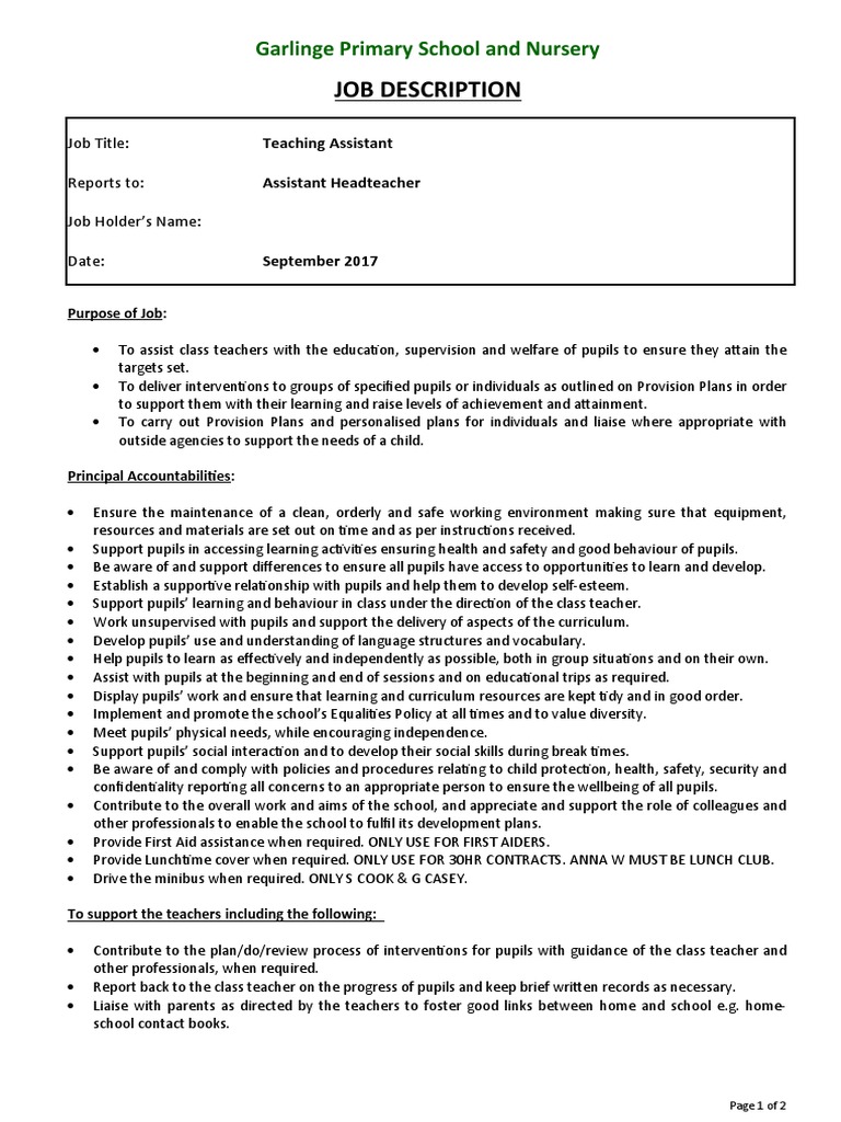 Job Description: Garlinge Primary School and Nursery | PDF | Teachers ...