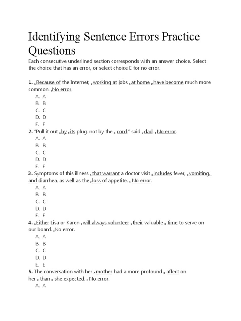 Identifying Sentence Errors Practice Questions | PDF | Grammatical Number | Verb
