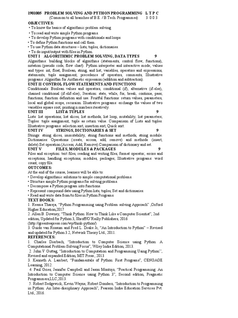 PROBLEM SOLVING AND PYTHON PROGRAMMING L T P C - Log | PDF | Control ...