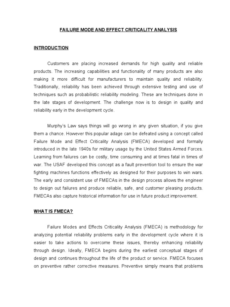 FMECA: Failure Mode and Effect Criticality Analysis | PDF | Reliability Engineering | Risk ...