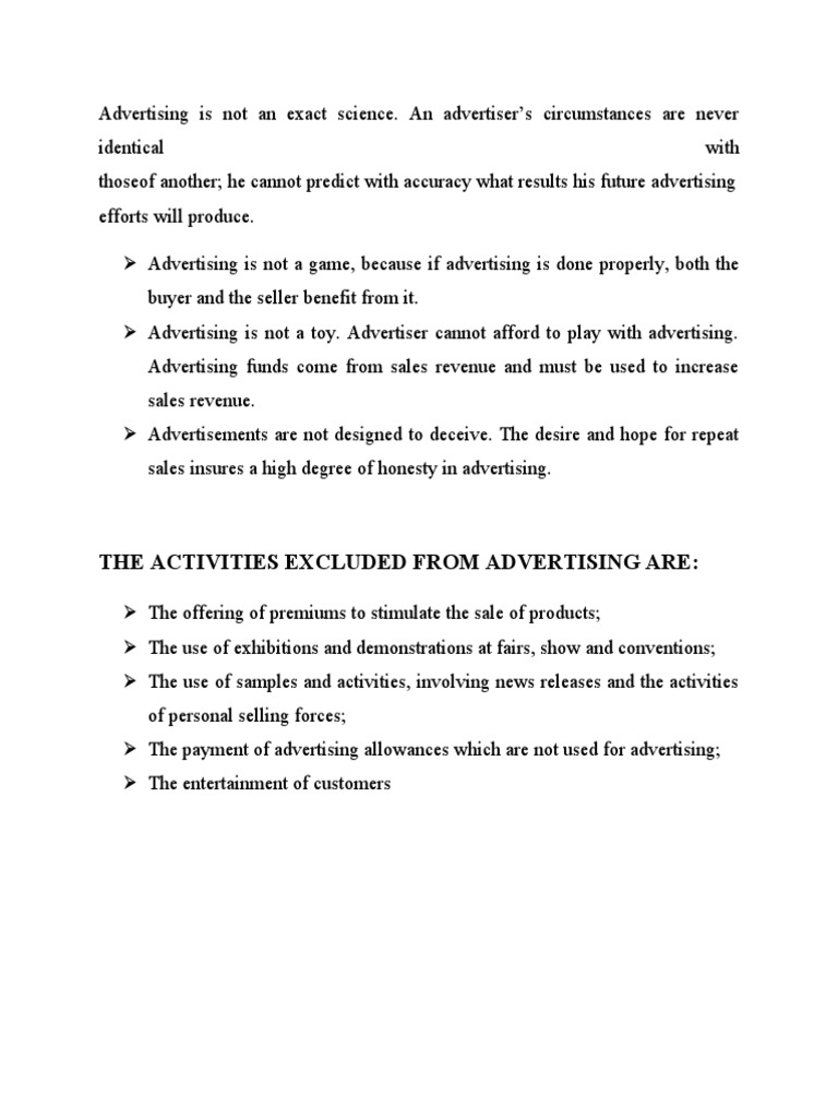 The Activities Excluded From Advertising Are | PDF | Advertising | Sales