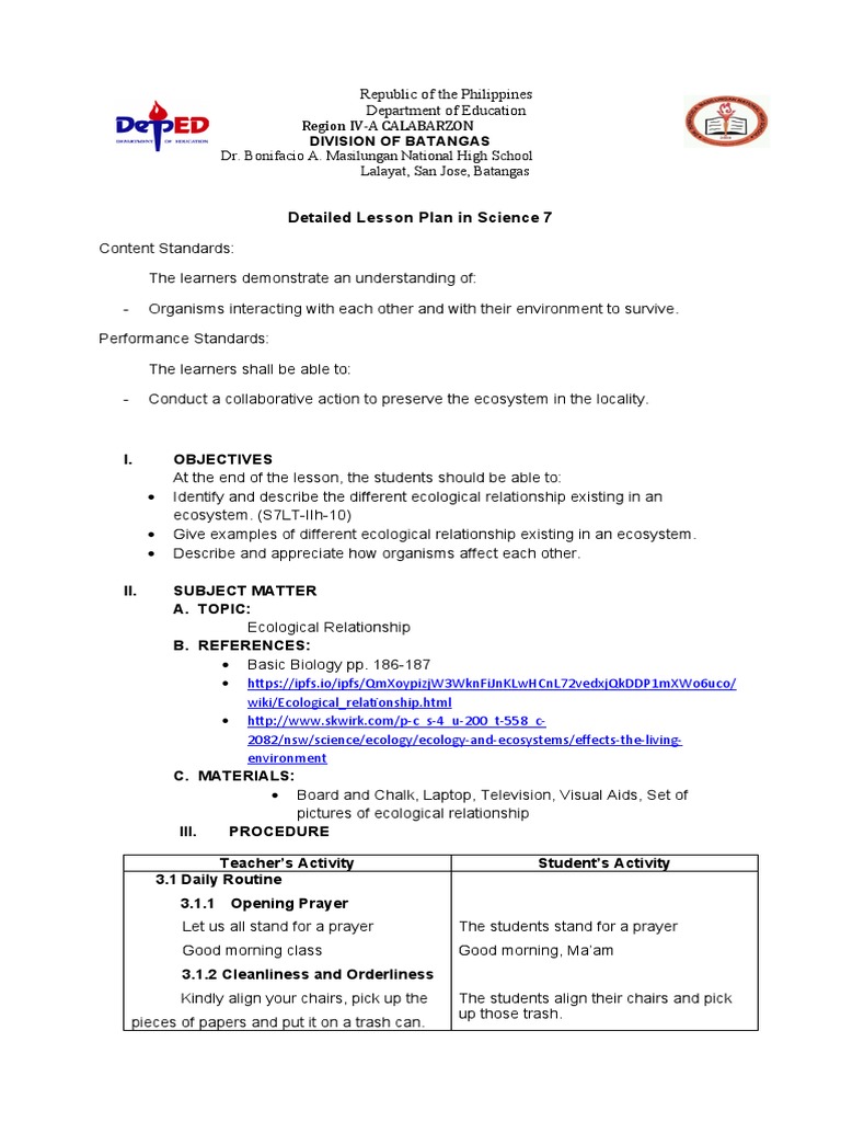 Ecological Relationships Lesson Plan | PDF | Ecology | Biological ...