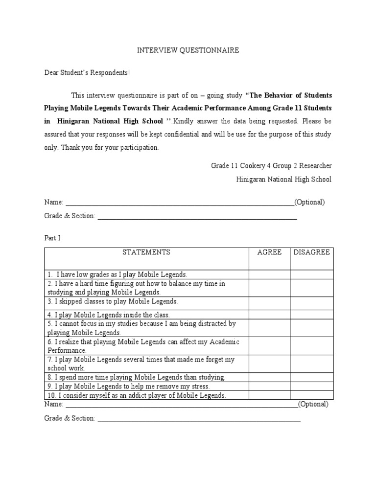 Interview Questionnaire | PDF | Questionnaire | Behavior Modification