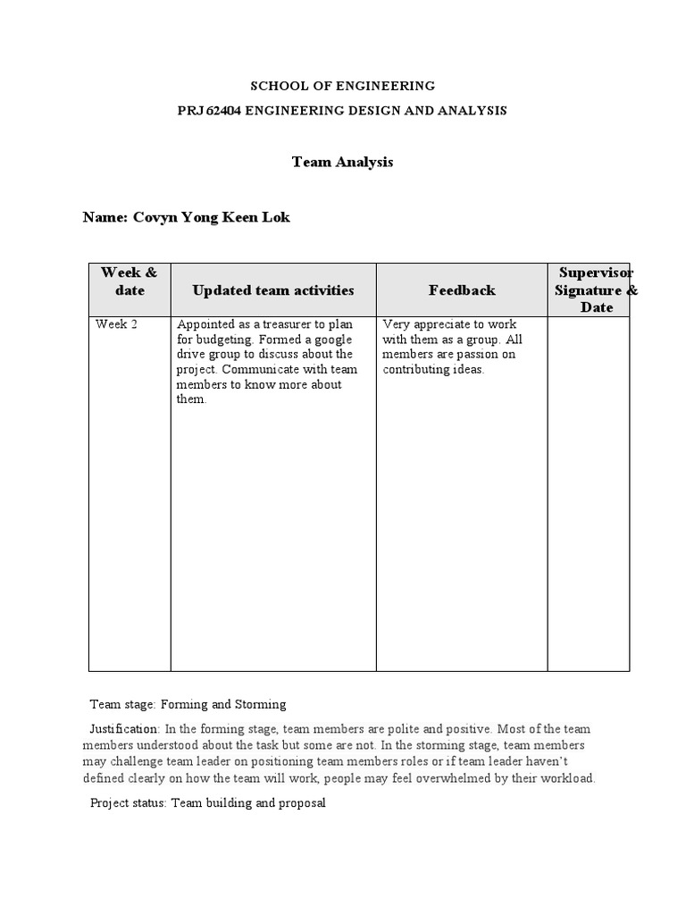 Team Analysis: School of Engineering PRJ 62404 Engineering Design and ...