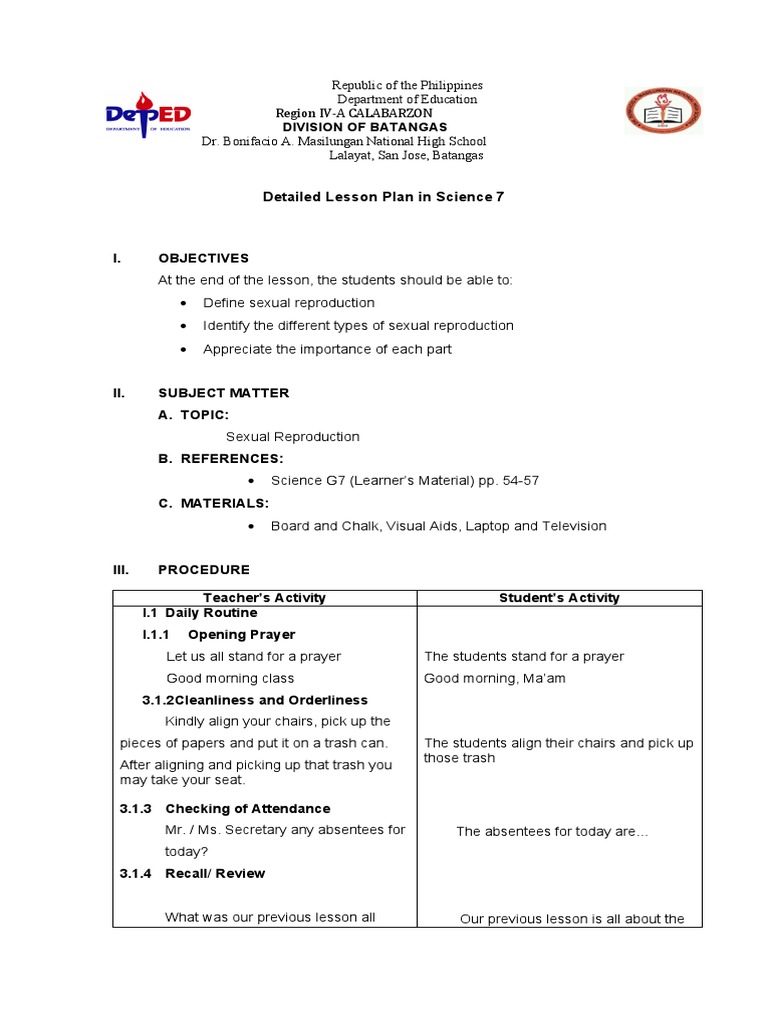 Detailed Lesson Plan in Science 7: Division of Batangas | PDF ...
