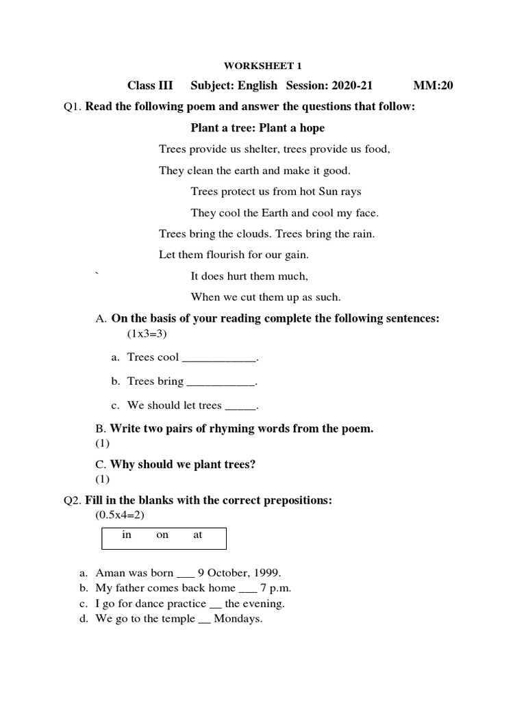 Class III Subject: English Session: 2020-21 MM:20: Worksheet 1 ...