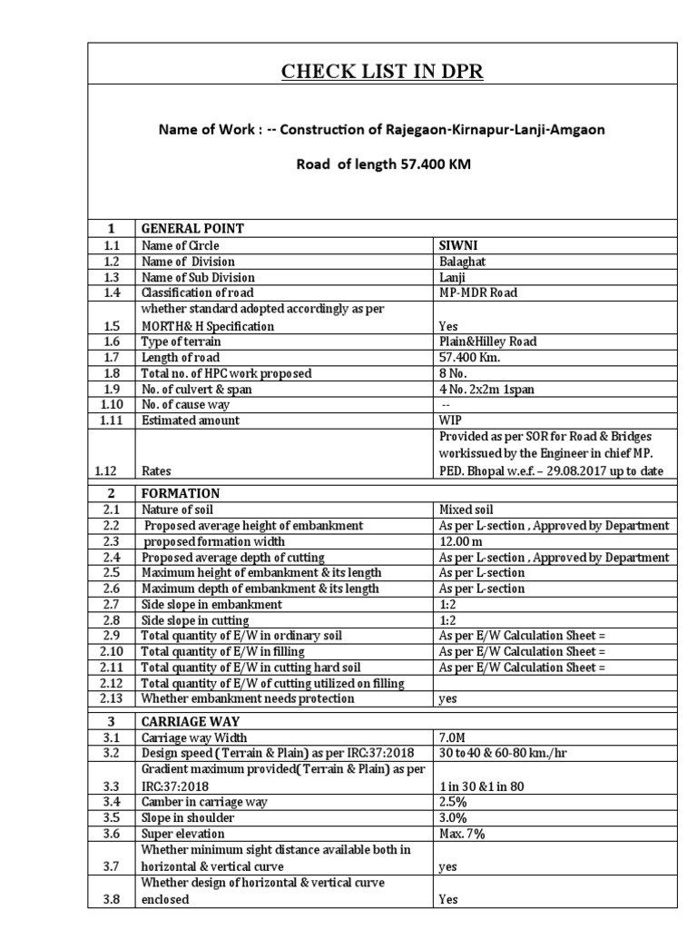 3-Check List in DPR | PDF | Road | Soil