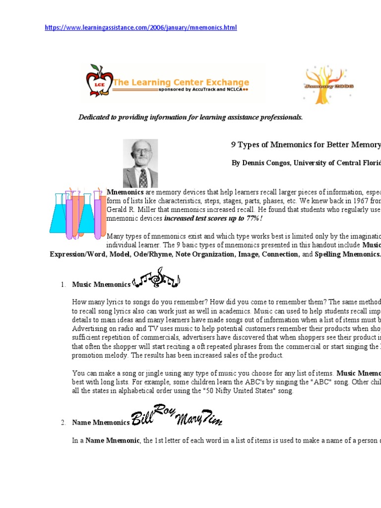 9 Types of Mhemonics For Better Memory | PDF | Mnemonic | Recall (Memory)