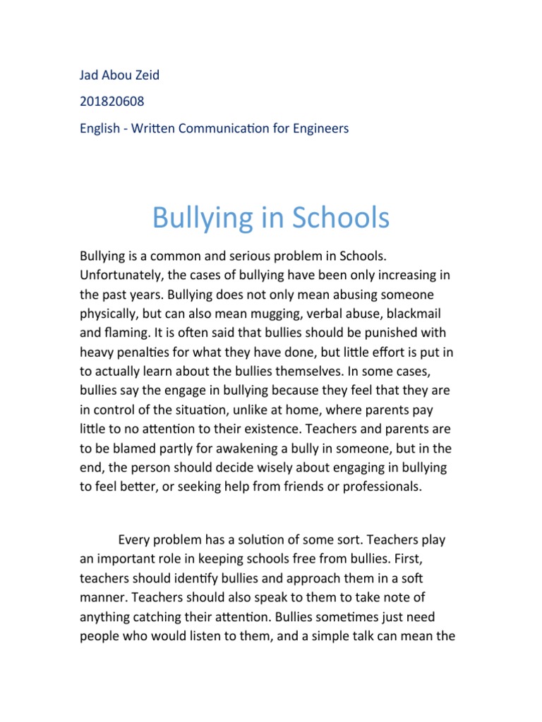 Bullying in Schools: Jad Abou Zeid 201820608 English - Written ...