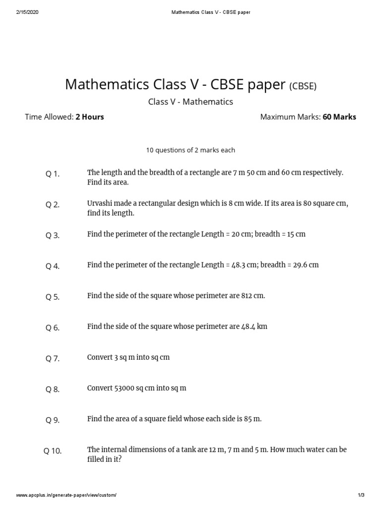 Mathematics Class V - CBSE Paper | PDF | Area | Length