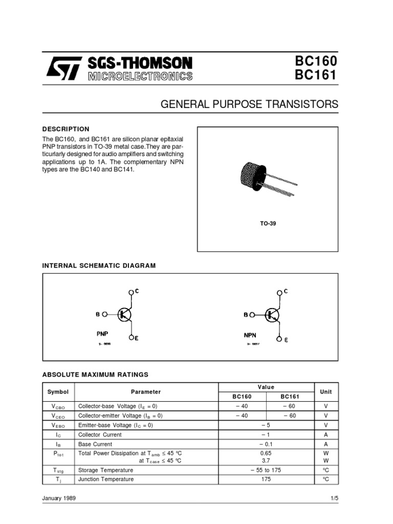 General Purpose Transistors BC160 and BC161 Datasheet | PDF | Bipolar Junction Transistor ...