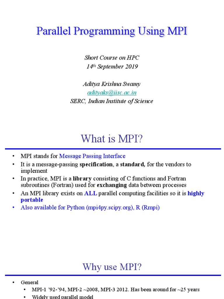 SERC IntroMPI 2019-09-14 v0 | PDF | Message Passing Interface | Parallel Computing