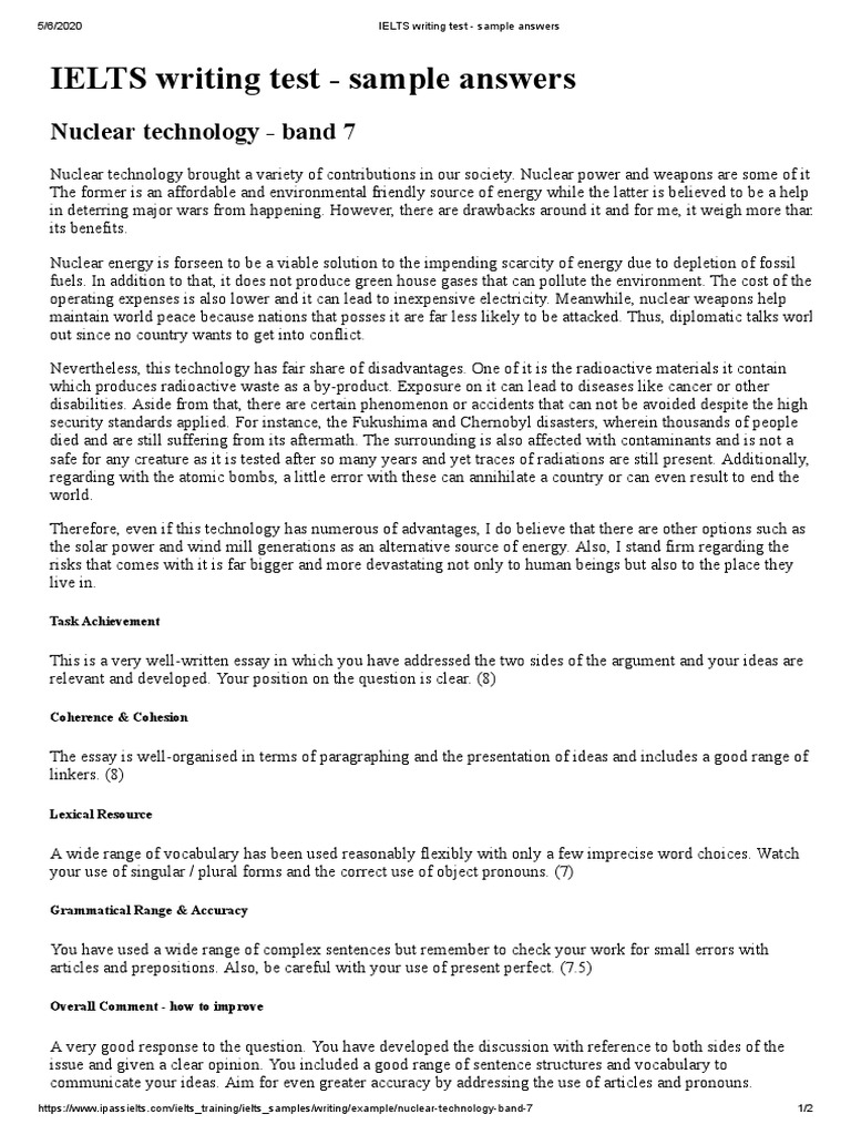 IELTS Writing Test - Sample Answers | PDF | Nuclear Technology ...