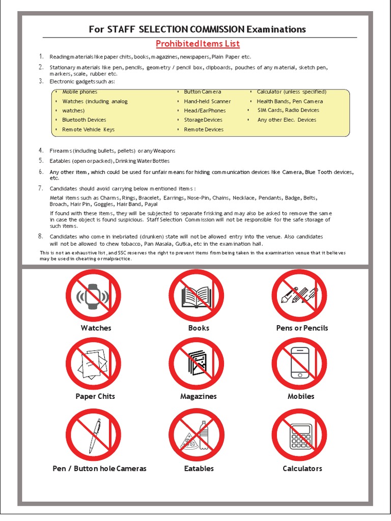 For Staff Selection Commission Examinations: Prohibited Items List | PDF