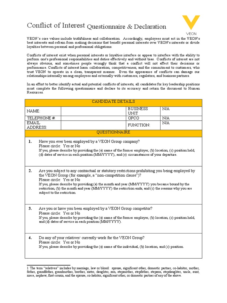 Conflict of Interest Questionnaire & Declaration | PDF | Conflict Of ...