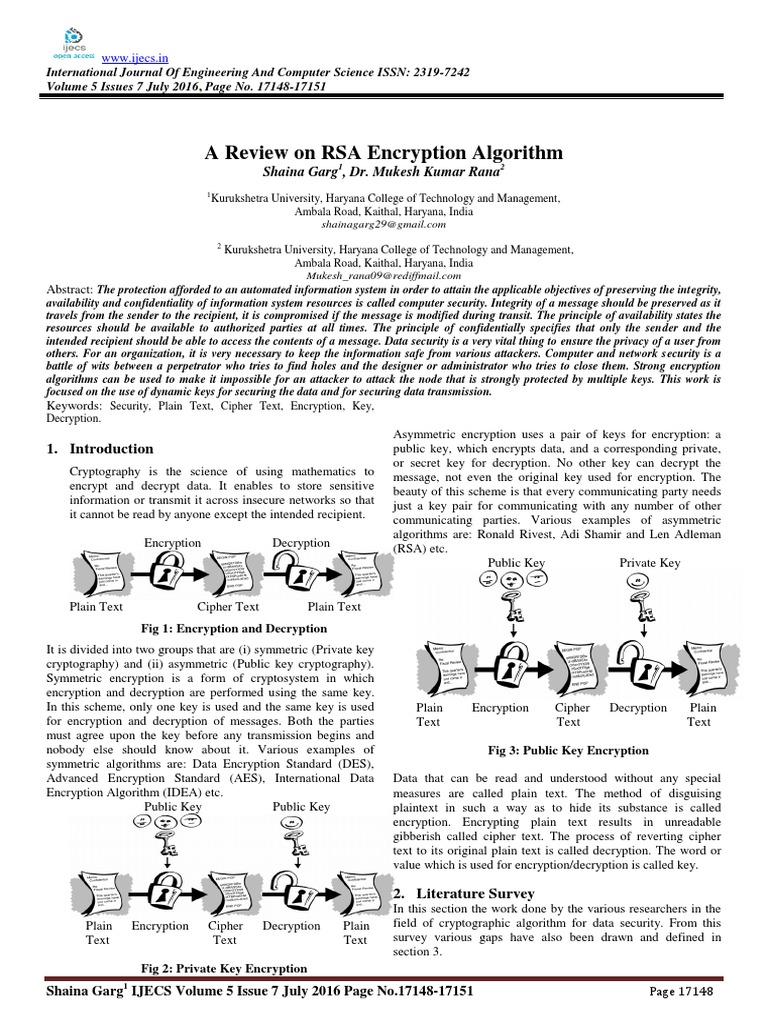 A Review On RSA Encryption Algorithm: Shaina Garg, Dr. Mukesh Kumar ...