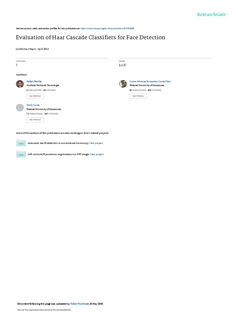 Evaluation of Haar Cascade Classifiers For Face Detection: April 2012 | PDF | Statistical ...